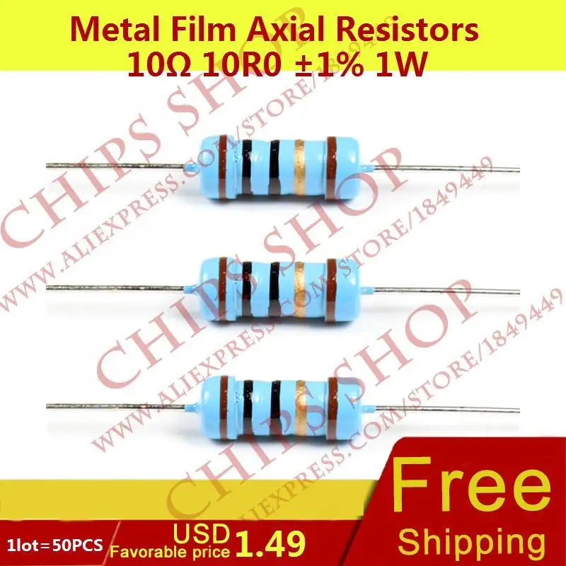 1LOT=50PCS Metal Film Axial Resistors 10ohm 10R0 1% 1W Wattage1W ...