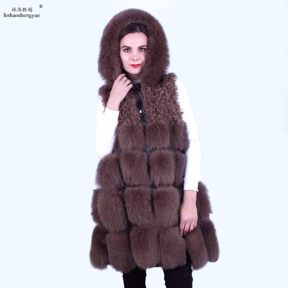 Linhaoshengyue Fashion Women Long Fox Fur Vest with Hood Chest ...