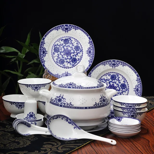 Blue and white porcelain dish set, Jingdezhen ceramic bowl 56 pieces ...