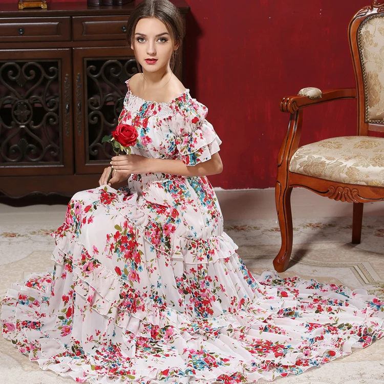 Chiffon Long Dress Women Off Shoulder Summer Dresses Floral Print