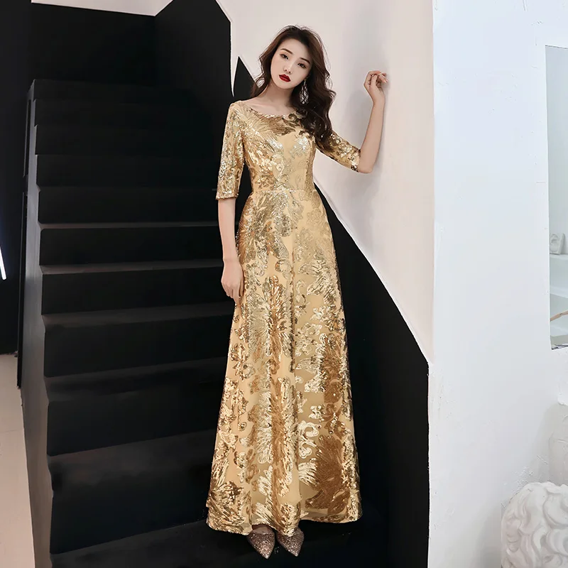 Gold Evening Dresses 2021 Elegant Sequined Evening Gowns Long Formal ...