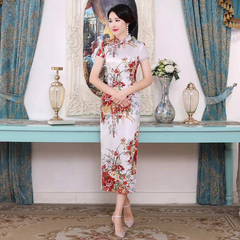 Big Size Xxxl White Chinese Lady Qipao Vantage Print Flower Cheongsam