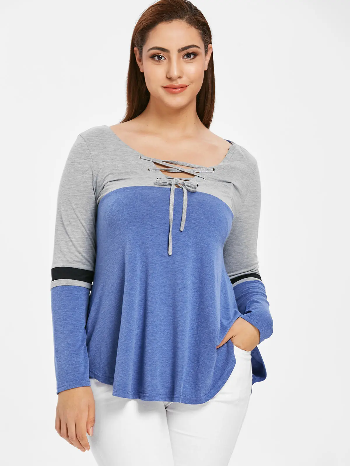 Wipalo Plus ขนาด 5XL Lace Up Criss Cross Color Block เสื้อยืดลำลองคอยาวแขนยาว Patchwork Tee Top ...