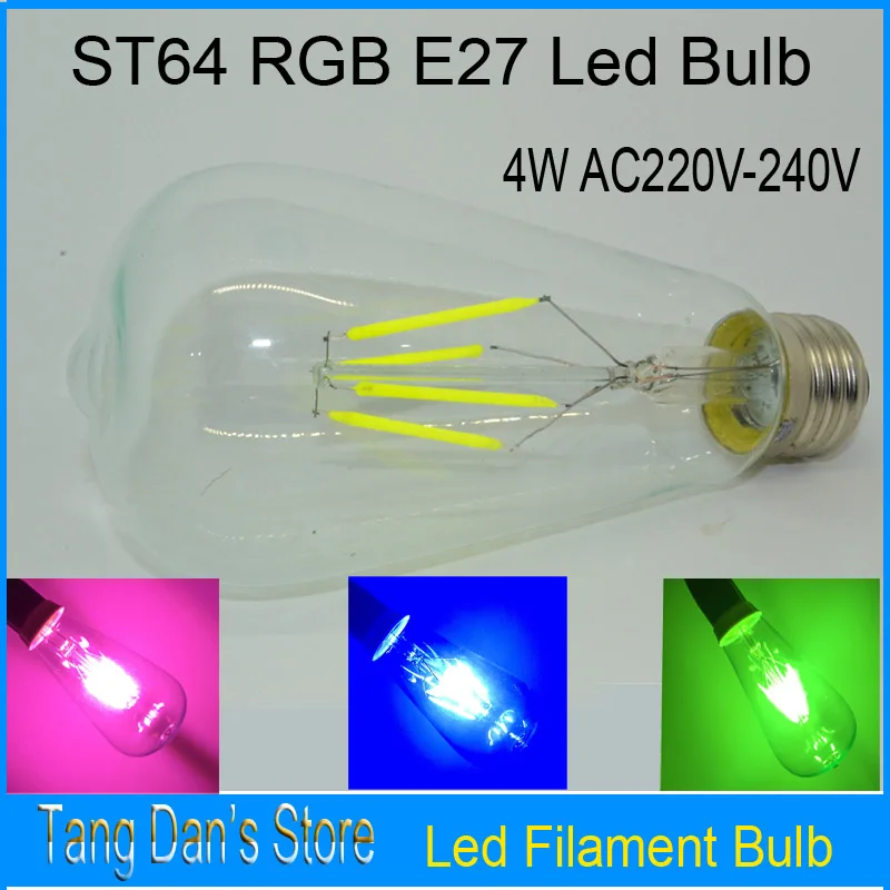 E27 LED Edison Light Filament Light Bulb RGB AC220V 4W ST64 Transparent ...
