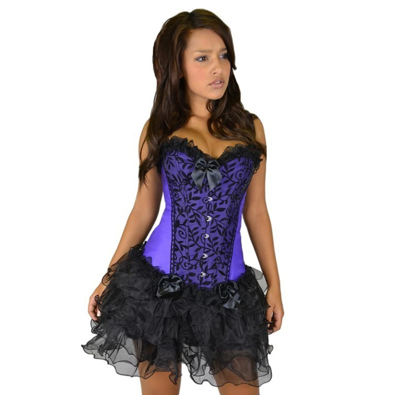 Overbust Purple Women Corset With Flower Brocade Waist Cincher