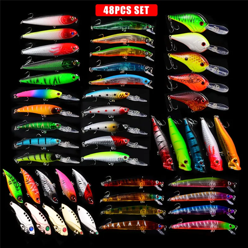48PCS Minnow Popper Lure Kit Fishing Lure Wobbler Crankbait Minnow Bass Trolling Artificial Bait ...