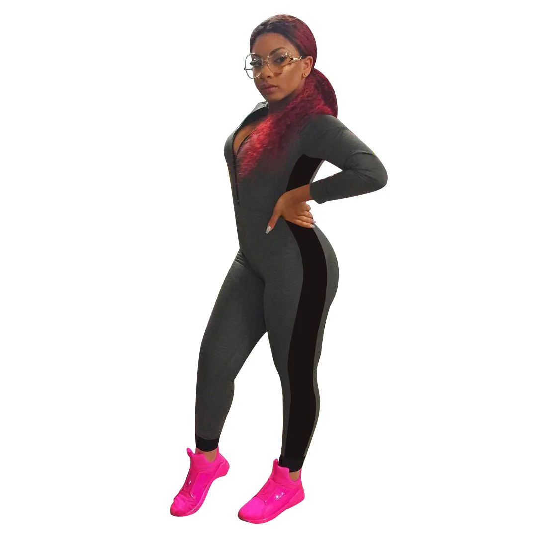 Women Full Sleeve Striped Side Zip Neckline Skinny Bodycon Jumpsuits