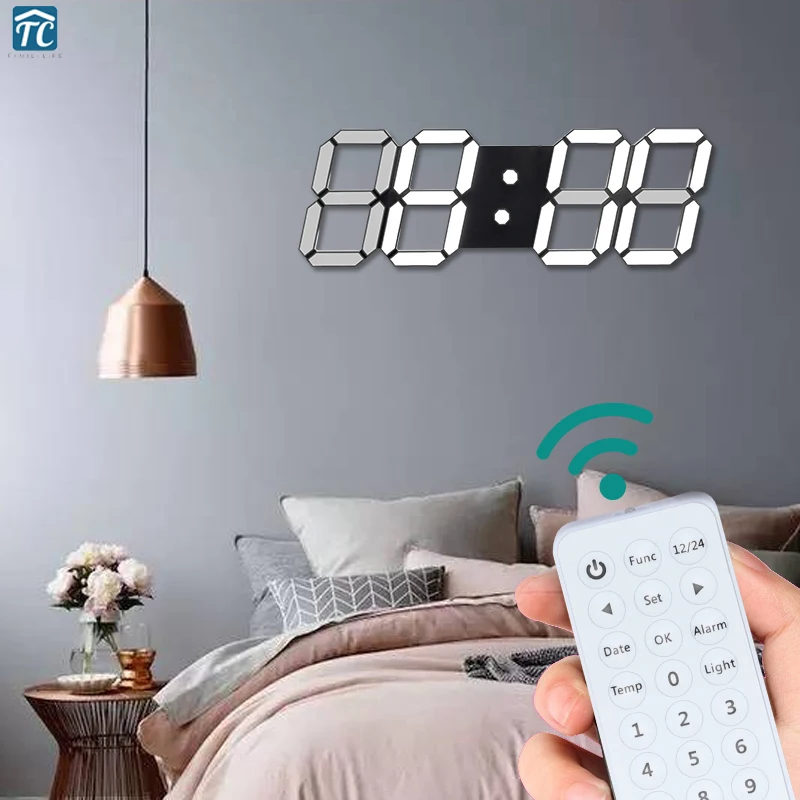 3D Digital Led Wall Clock Large Remote Control Alarm Clocks Temperature ...