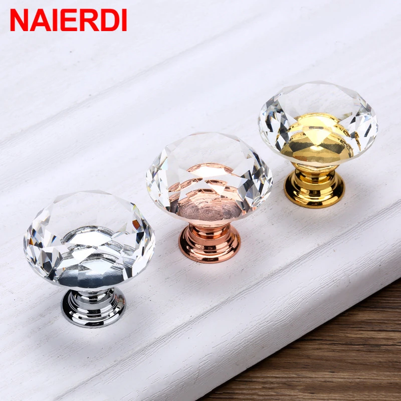 Naierdi Gold Base Diamond Shape Design Crystal Glass Knobs Cupboard ...