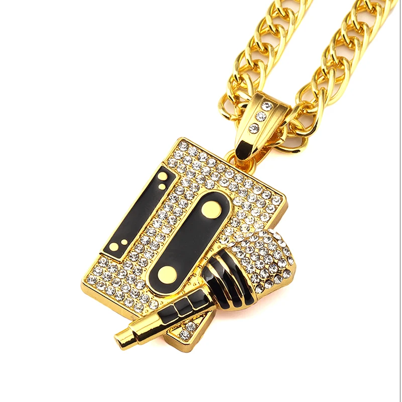 Music Microphone Pendant Necklace Men Jewelry Hiphop Chain Gold Silver ...