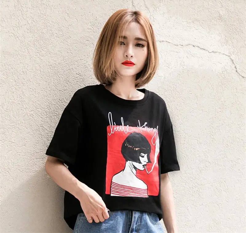 Summer Women T Shirt Casual Short Sleeve Shirt Loose Print Soft Cotton