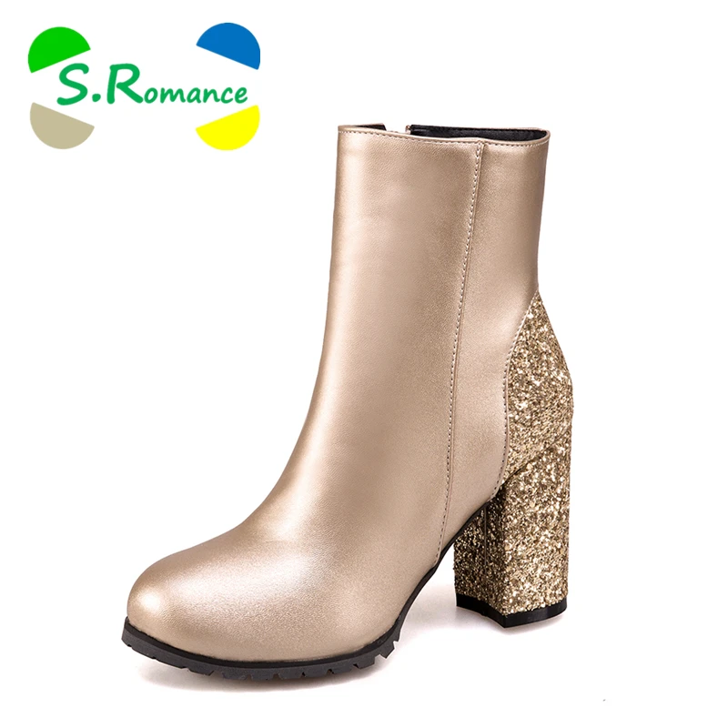 S Romance Women Ankle Boots Plus Size 34 43 High Square Heel Zip Round
