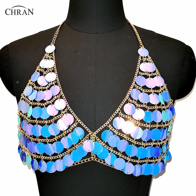 Chran Seascale Mesh Bra Bralet Womens Sequins Metal Chain Crop Tops ...