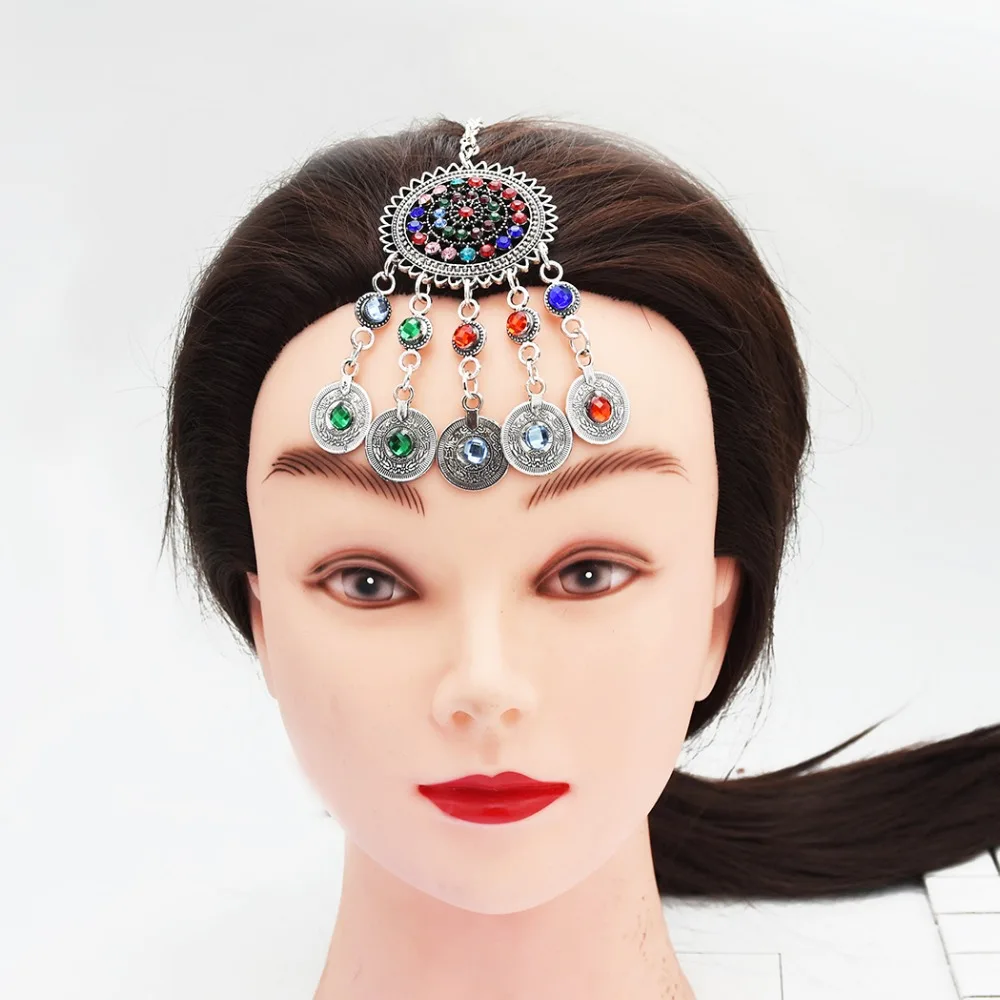 Vintage Coin Head Chain Indian Ethnic Hair Jewelry For Women Blue Stone
