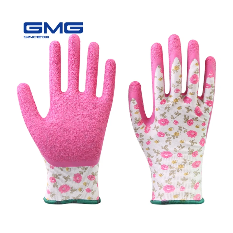 Women Gloves Work Gmg Printed Polyester Shell Pink Latex Crinkle ...