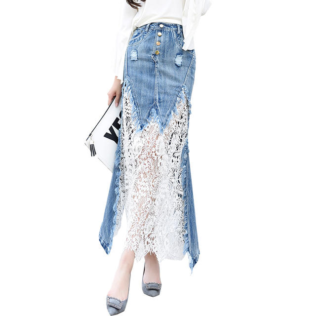 Free Shipping New Fashion Long Maxi Denim And Lace Patchwork Fish Tail ...