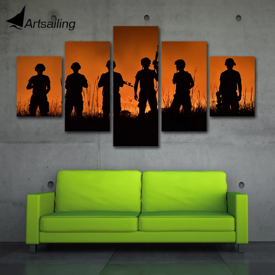Hd Printed 5 Piece Canvas Art Soldier Contribute To Army Sunset ...
