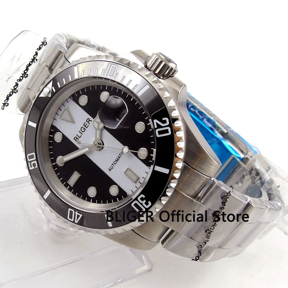 Luxury 40mm Bliger black ceramic bezel white black dial date magnifier ...