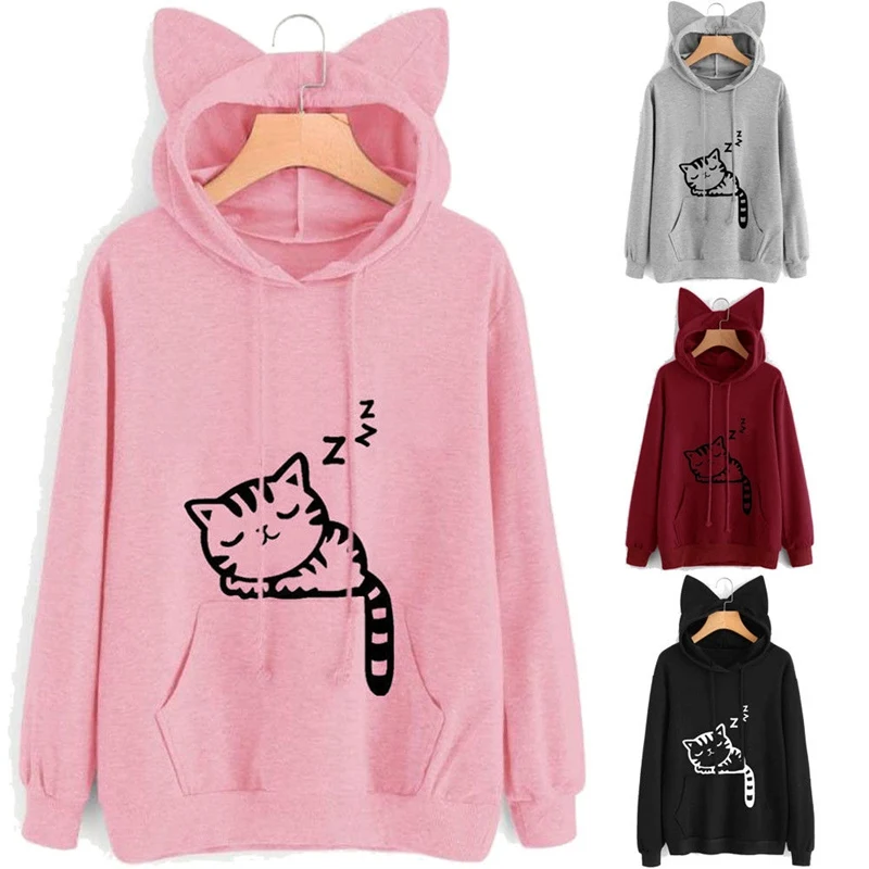 Womens Cute Cat Ear Sweatshirt Hooded Pullover Casual Hoodie Lined ...