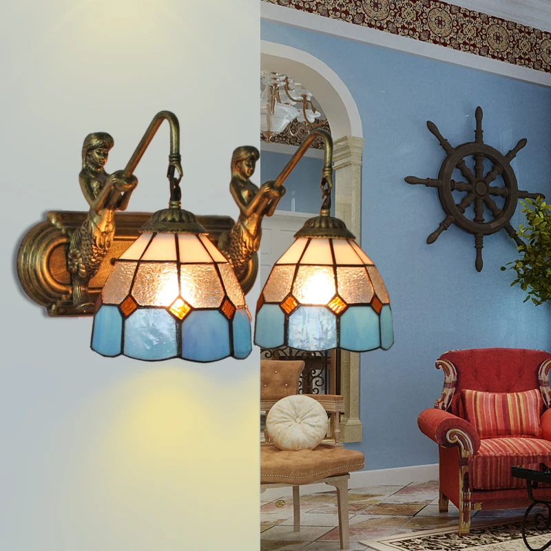 Mediterranean Tiffany Double Mermaid Glass Sconce Wall Lamps Wall Light ...