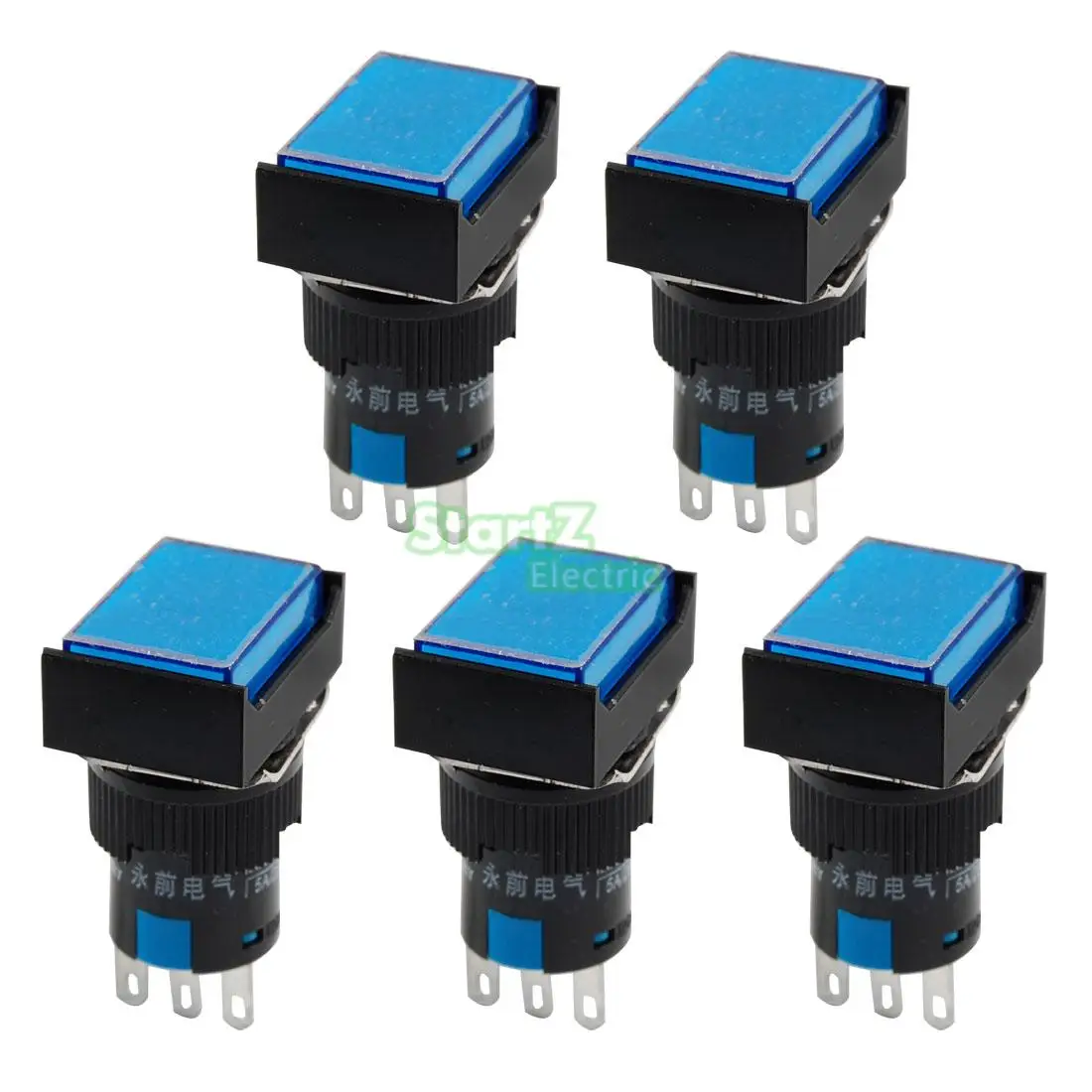 5 Pcs AC110V 5 Pins Blue Lamp Latching Rectangular Push Button Switch ...