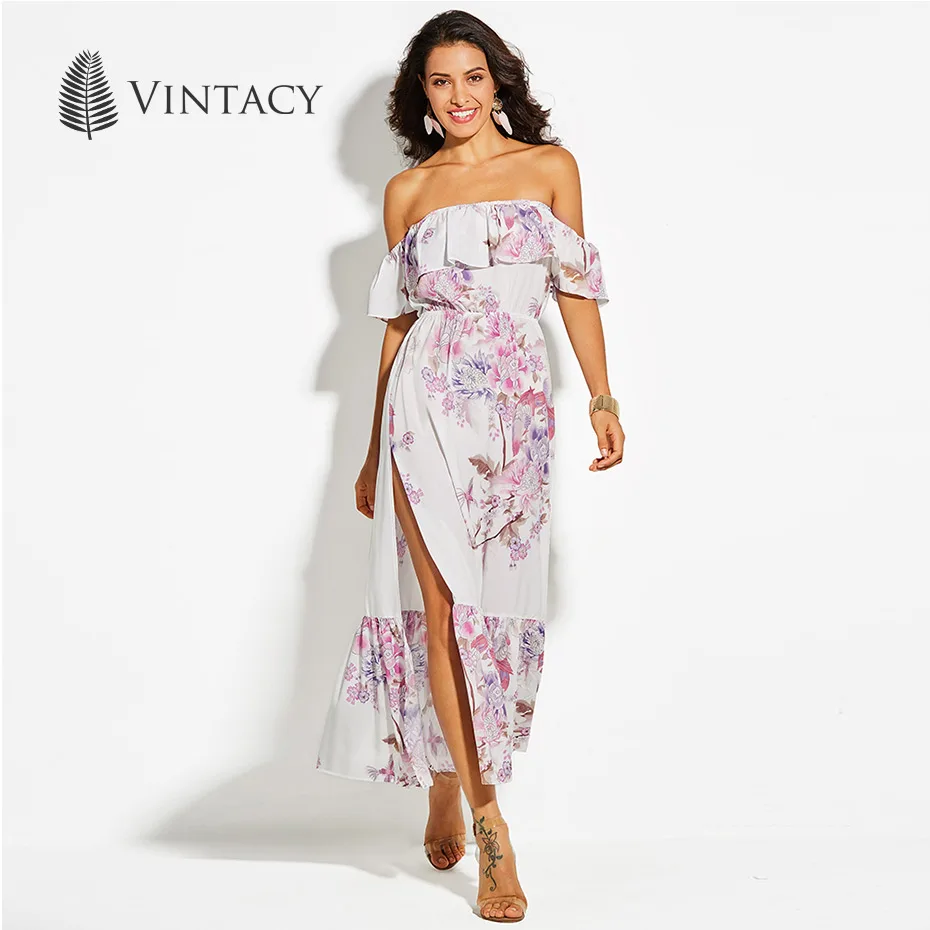 Women Pink Floral Print Dress Off Shoulder Ruffle Sexy Maxi Long Split