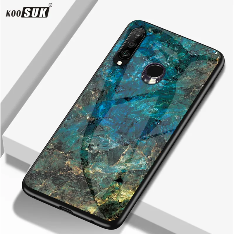 For Huawei P30 Lite Case Cover Luxury Marble Grain Tempered Glass Phone ...