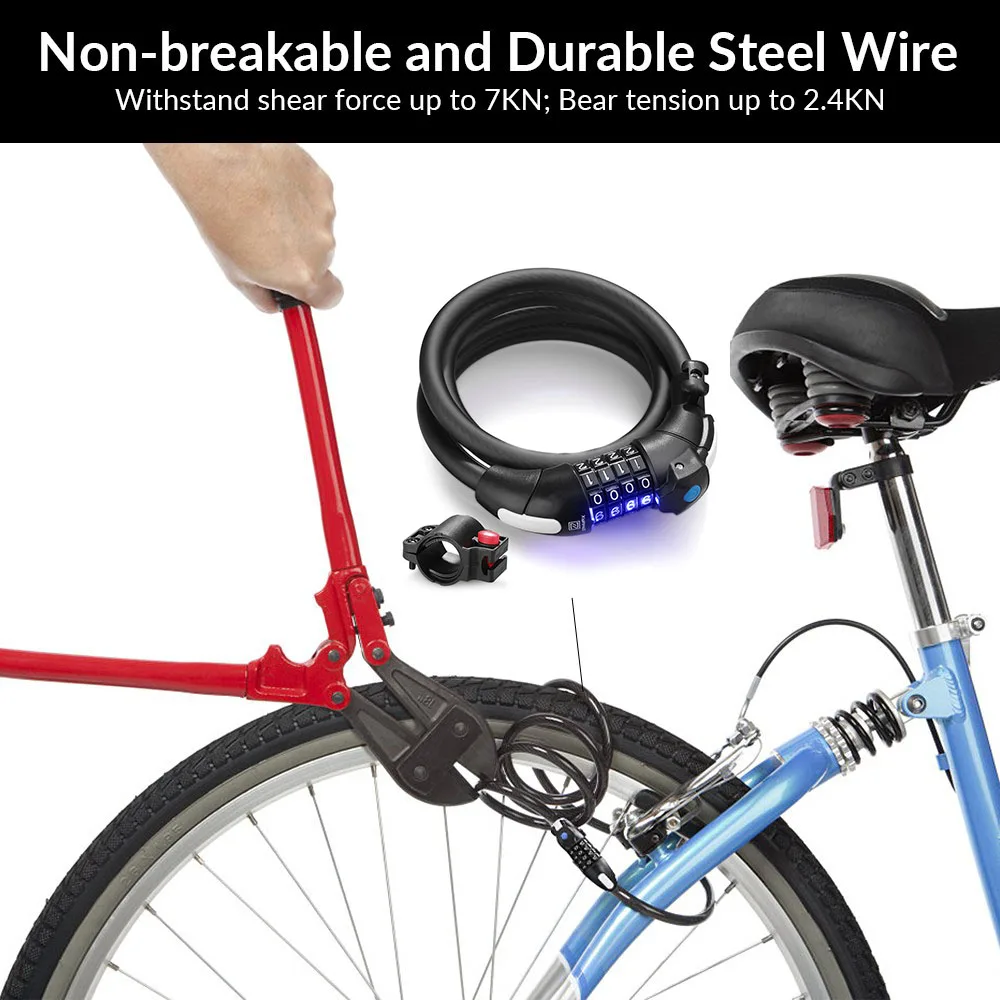 ZANMAX Bicycle Lock 4 Digital Password Lock Cable LED Light ...