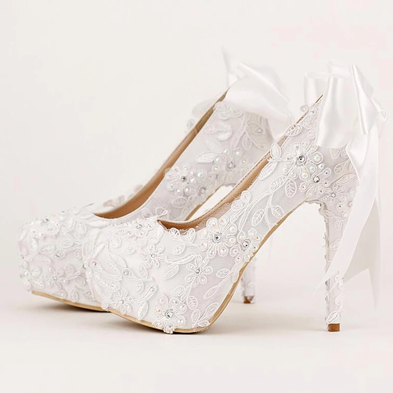 Sweet White Ribbon Bows Bridal Shoes High Heel Platform Shoes with ...