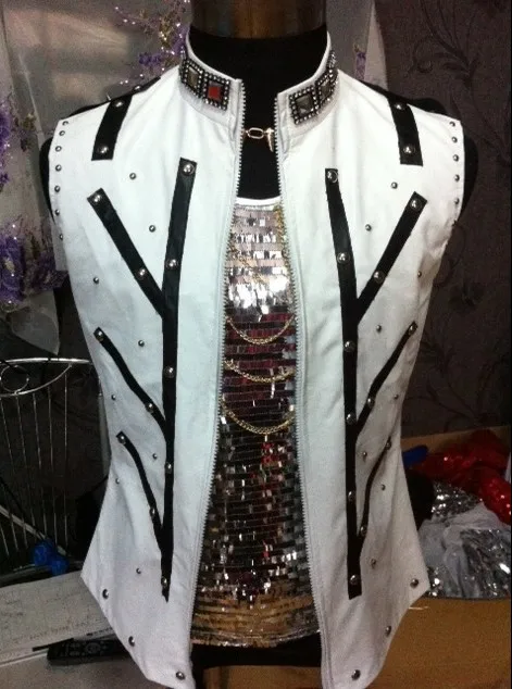 New Fashion Male Singer Dj Handmade White Rivet Jacket Vest Party Show ...