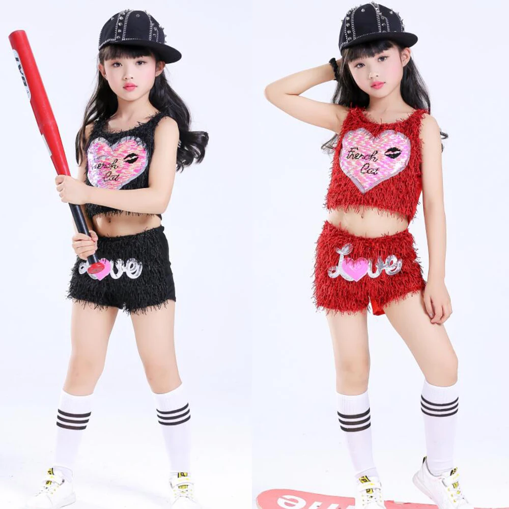Red Girls Sequins Ballroom Jazz Hip Hop Dance Competitions Children ...