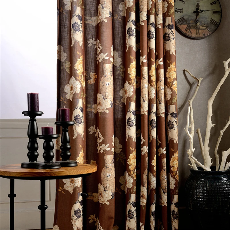 Traditional Chinese curtains Vase pattern Drapes Brown color Living ...