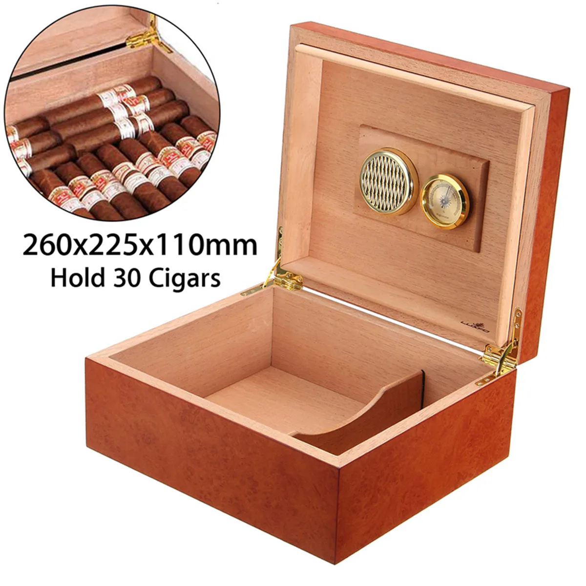 30 Count Cedar Travel Wood Wooden Lined Cigar Humidor Case Humidifier ...