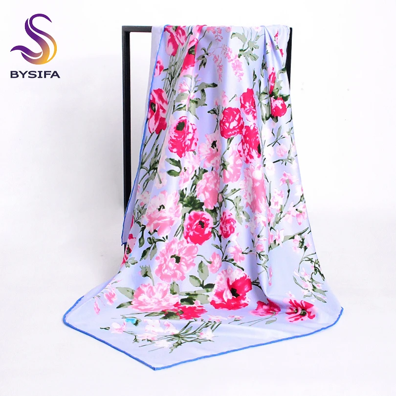 Bysifa 블루 핑크 숙녀 능 직물 실크 스카프 패션 브랜드 여성 대형 스퀘어 스카프 이슬람 머리띠 스카프 봄 가을