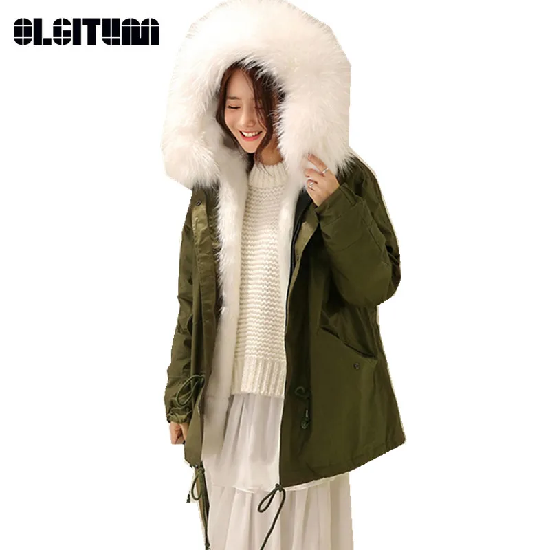 2020 New Women Winter Army Green Jacket Coats Thick Parkas Real Raccoon