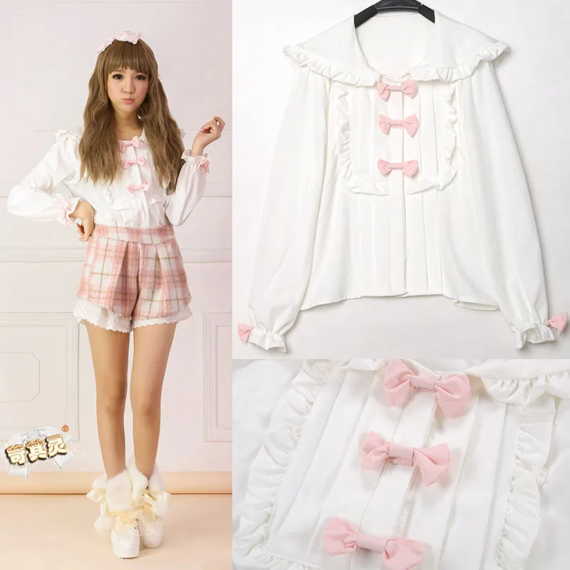 2016 women blusas mori girly girl cloth pink bow sailor collar white ...