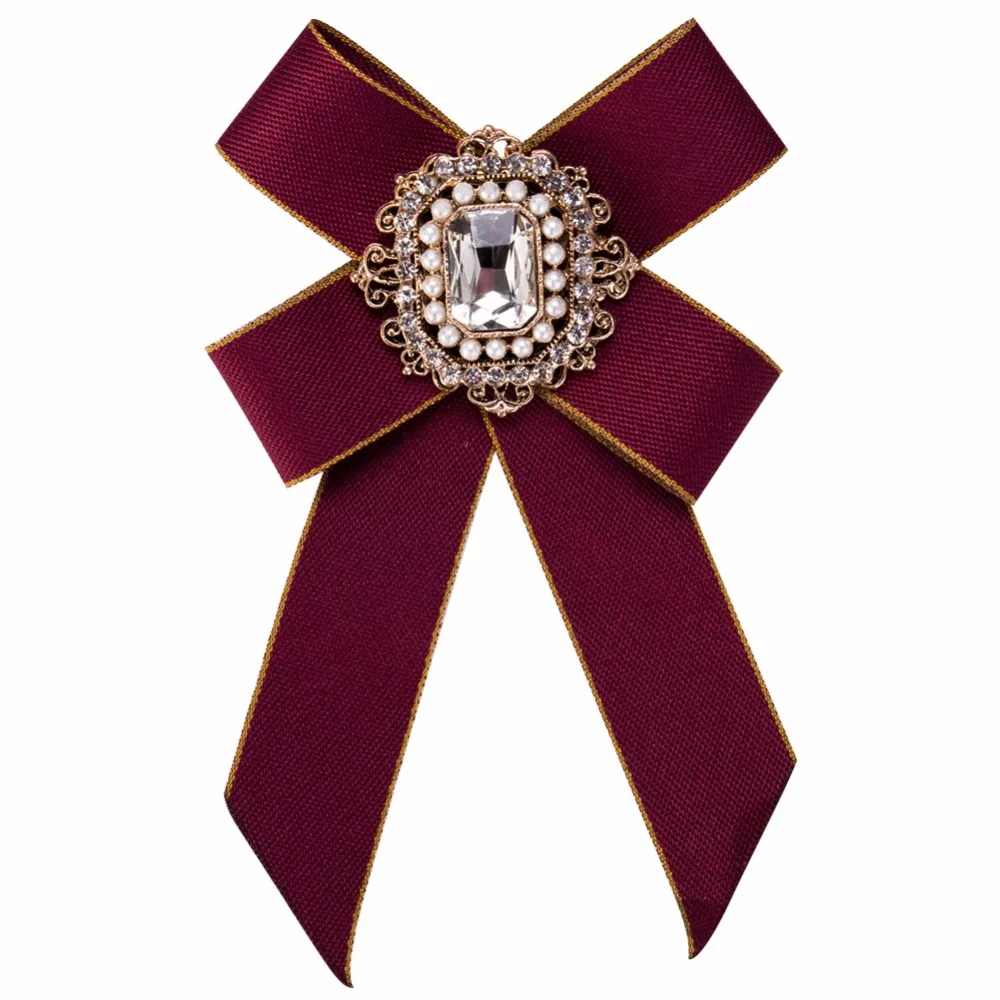 Qiaose New Bow Crystal Women Brooches Pins Canvas Fabric Bowknot Tie