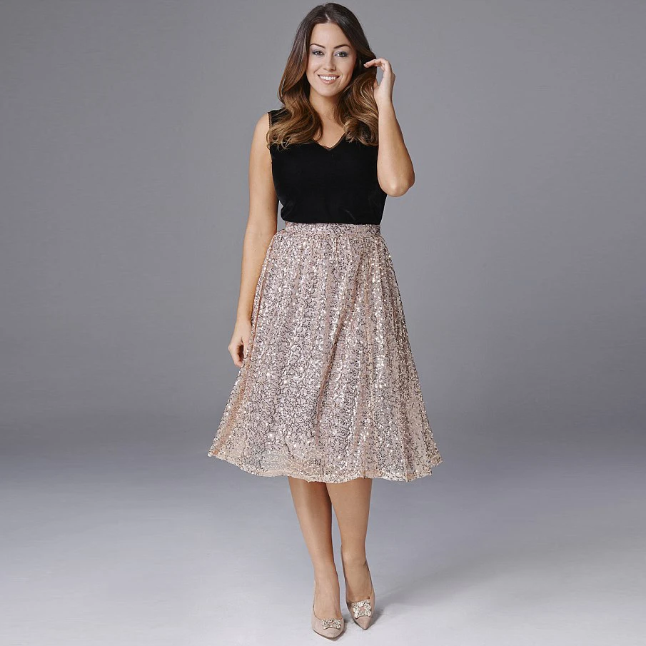 Elegant Mid Calf Sequined Skirts Rose Pink A line Female Skirt For ...