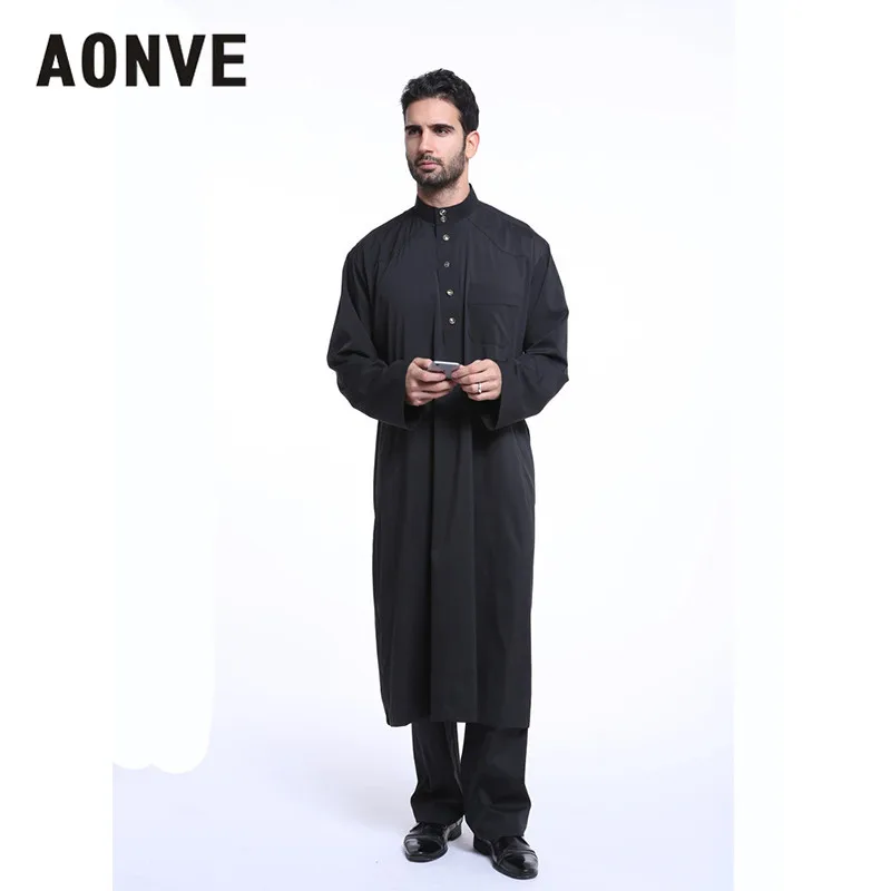 Aonve Formal White Abaya Suit Button Stand Collar Muslim Robe Kaftan ...