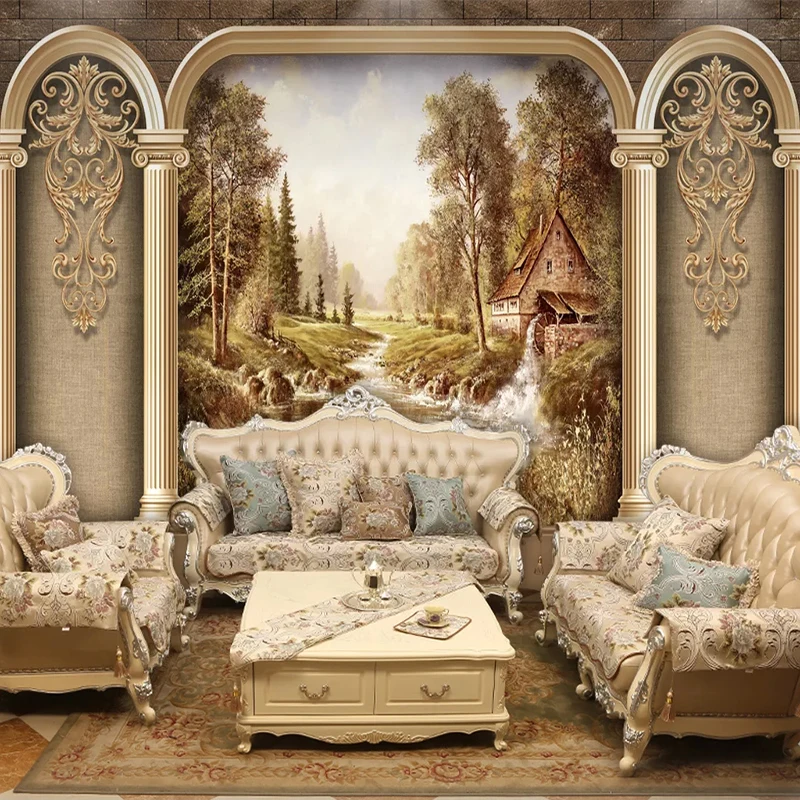 European-Style-Roman-Column-Mural-Wallpaper-3D-Art-Retro-Fresco-Living ...