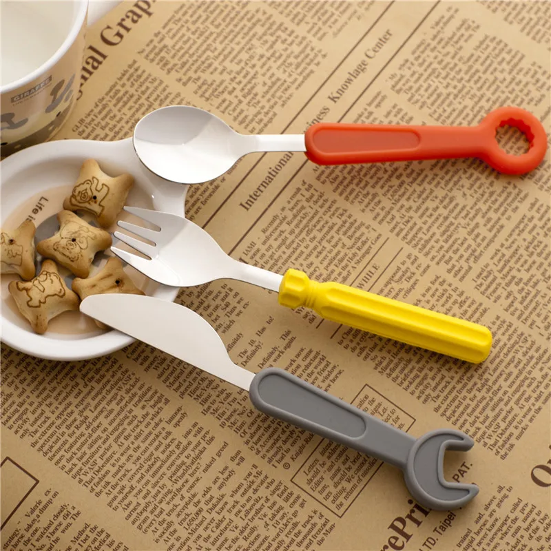 3pcs/set Creative Tools Shaped Kids Cutlery Set Dinner Fork Spoon Knife ...