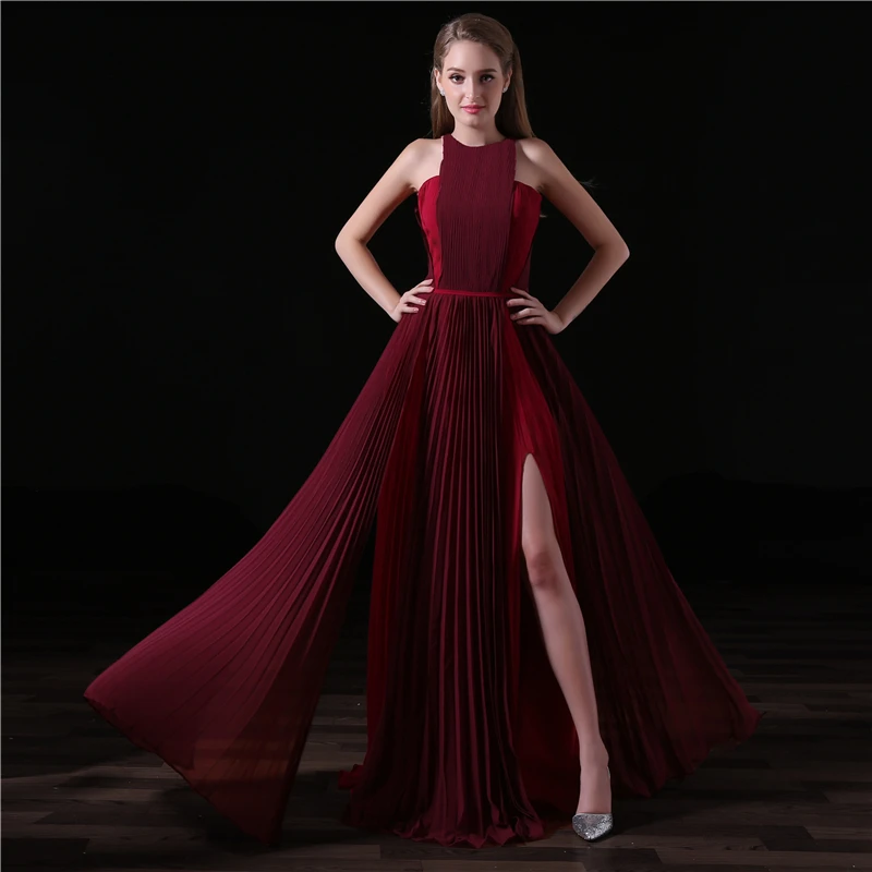New Cheap Long Evening Dresses 2018 A Line Halter Floor Length Pleat