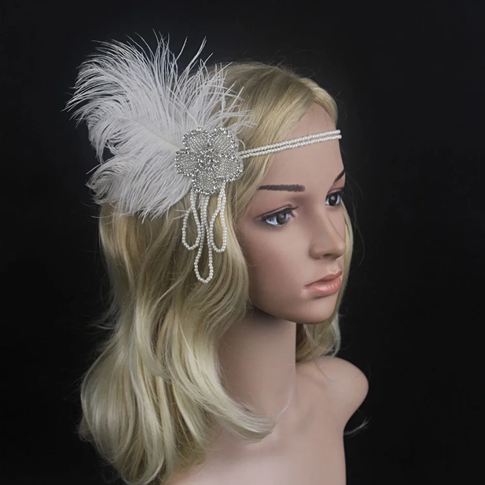 1920s Gatsby White Feather Plume Headband Headwear Flapper Plum Flower ...