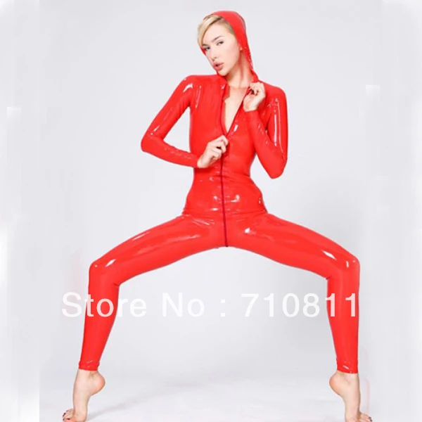 100 Handmade Nature Latex Sexy Red Catsuit Attached Cap In Teddies