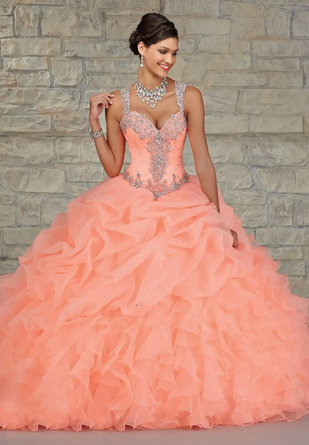 Sleeveless Ruffled Organza Ball Gown Beaded Orange Prom Dresses|gown ...