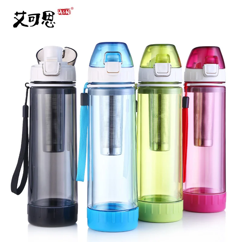 X And W Sports Water Bottle 500ml Double Wall Glass Liner Plastic Bottle With Stainless Steel Tea