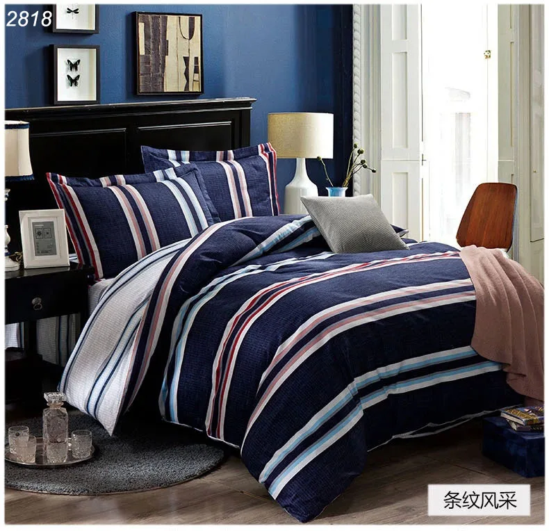 Dark blue bedding set with white grey strips tapes 100% cotton duvet ...