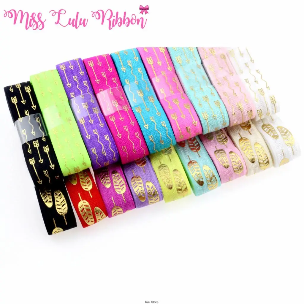 5/8"16mm mix stretch gold foil arrows printed fold over elastic ribbon ...