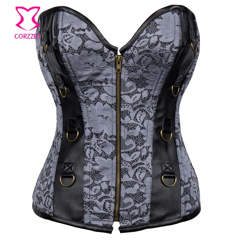 Silver Brocade Zipper Steel Boned Corset Overbust Steampunk Corsets And