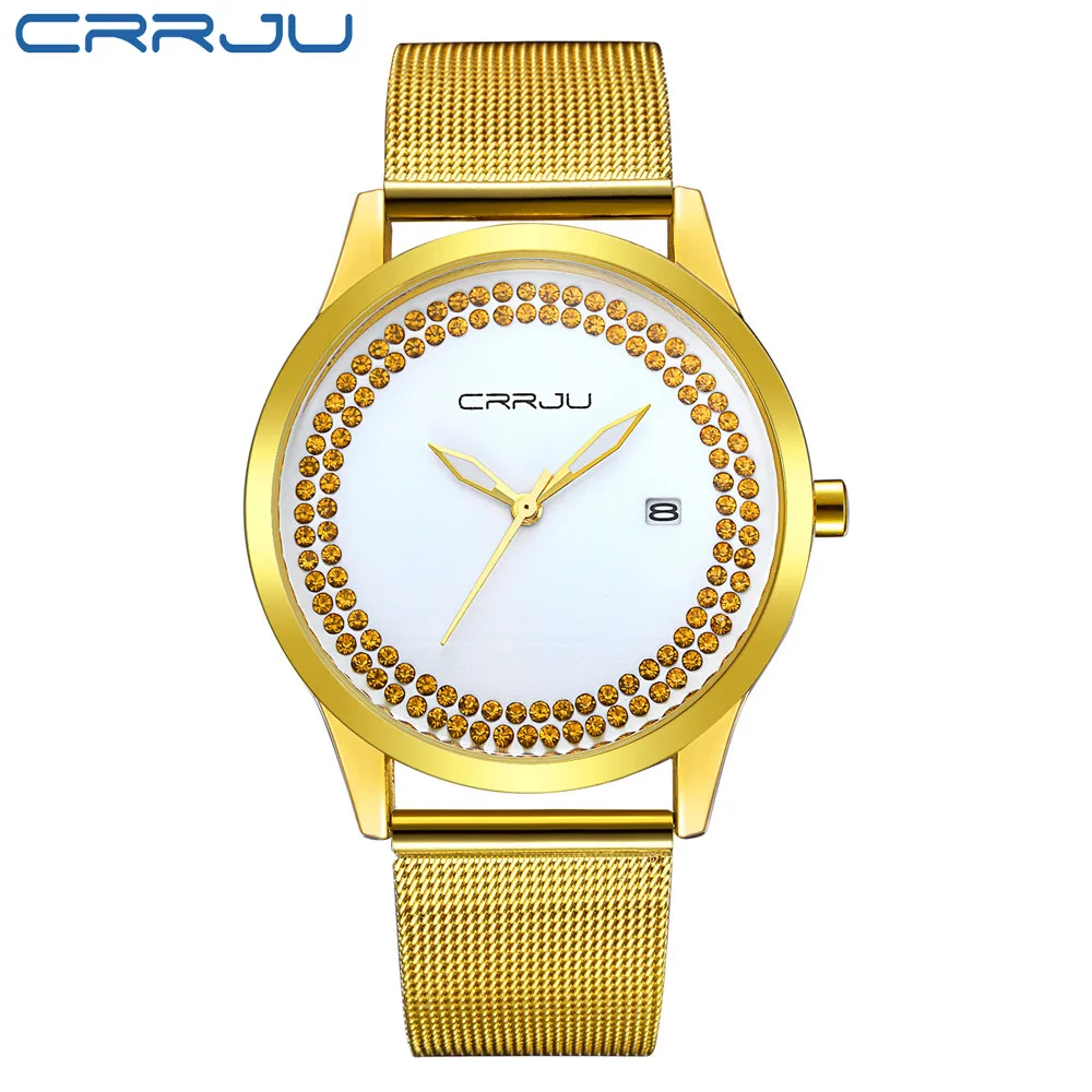 Crrju Super Slim Gold Mesh Stainless Steel Watches Women Top Brand